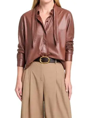 TWP Leather Tie-collar Button-up Shirt - Cigar