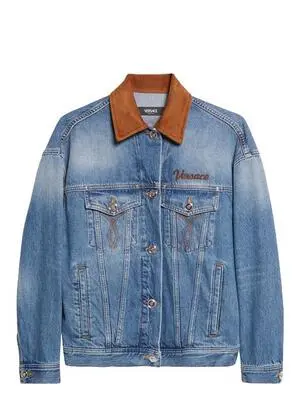 Versace Suede Trim Denim Trucker Jacket - Medium Blue