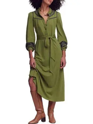 Boden Embroidered Ruffle Trim Midi Shirtdress - Olive