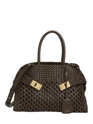 FERRAGAMO Small Hug Woven Leather Satchel - Testa Di Moro
