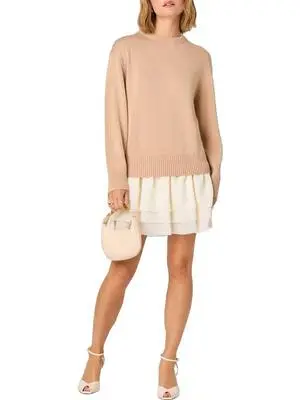 Astr The Label Kalyn Mixed Media Long Sleeve Minidress - Light Taupe Cream