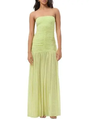 AFRM Polka Dot Ruched Strapless Maxi Dress Citrus Pin Dot