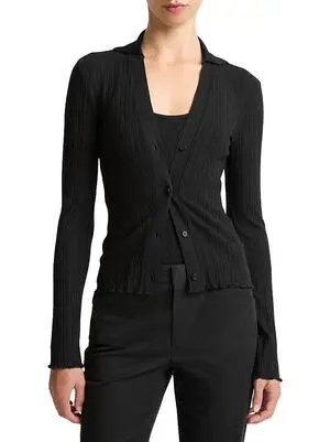 Vince Rib Knit Polo Cardigan Sweater - Black