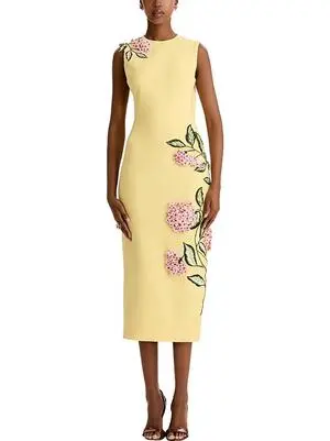 Oscar De La Renta 3d Floral Embroidered Sheath Midi Dress - Butter