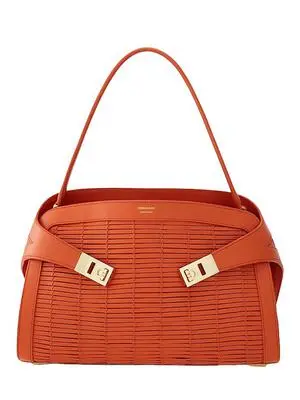 FERRAGAMO Hug Medium Woven Leather Handbag Light Sienna