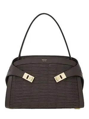 FERRAGAMO Hug Medium Woven Leather Handbag - T Moro