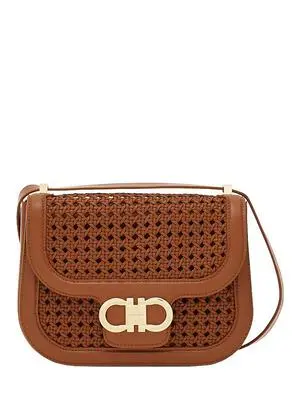 FERRAGAMO Double Gancini Woven Leather Crossbody Naturale