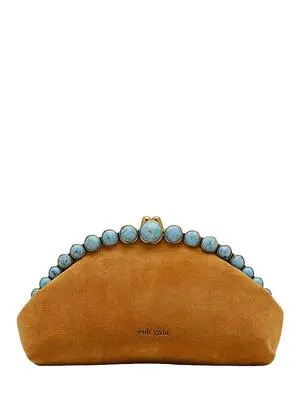 Cult Gaia Una Suede & Stone Clutch Caramel/turquoise