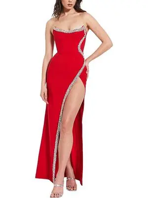 MISS CIRCLE Strapless Crystal Embellished Gown With High Slit - Red