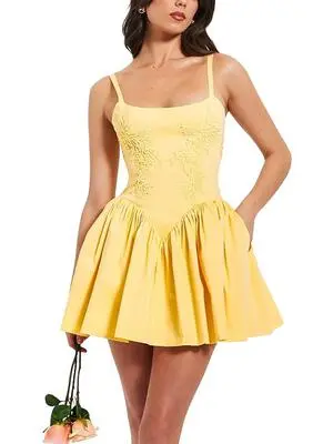 MISS CIRCLE NEW YORK Kadi Cotton Fit And Flare Drop Waist Corset Mini Dress - Yellow