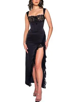 MISS CIRCLE Lace Bustier Satin Slip Maxi Corset Dress - Black