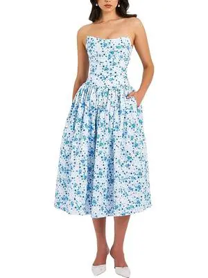 MISS CIRCLE Paloma Print Linen Corset Midi Dress - Blue