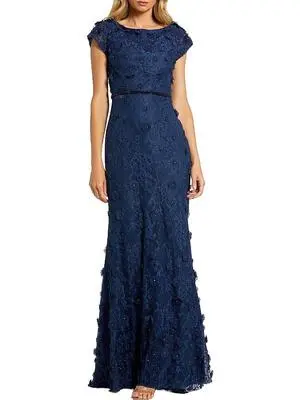 Mac Duggal Floral Applique Boat Neck Gown - Midnight