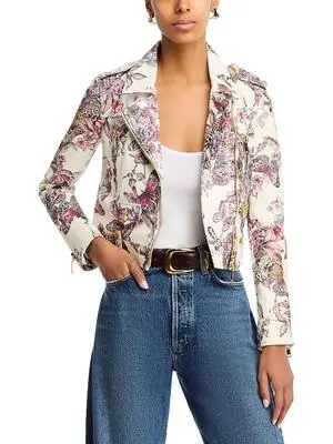 L'Agence Leather Biker Jacket - White Butterfly Jungle