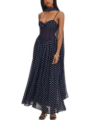 MISS CIRCLE Juliette Polka Dot Chiffon Maxi Dress - Navy Blue