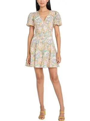 Maggy London Puff Sleeve V-neck Mini Dress - Aqua/ Gold