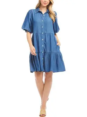 Karen Kane Petite Puff Sleeve Tiered Shirtdress - Chambray