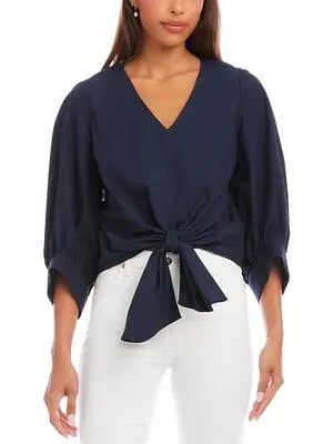Karen Kane Blouson Sleeve Tie Front Top - Navy