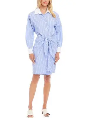 Karen Kane Faux Wrap Shirt Dress - Blue/ White