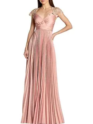 Mac Duggal Pleated Charmeuse Embellished Gown - Rose