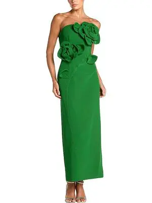 Mac Duggal Crepe Strapless Midi Dress With 3d Flower - Spring Green