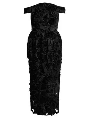 Erdem Floral Cutwork Off-the-shoulder Midi Dress - Black