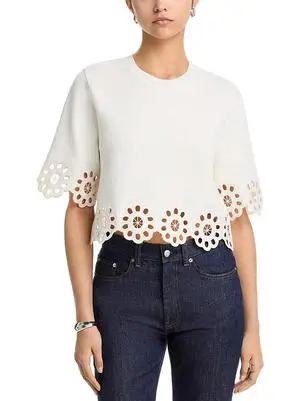 Aqua Embroidered Cutout Crop Sweater - White