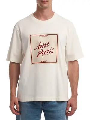 AMI Paris Boxy Fit Short Sleeve Tee With Signature Print - Blanc Creme