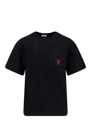 Celine Cotton Tshirt With Contrasting Logo On The Front - Black