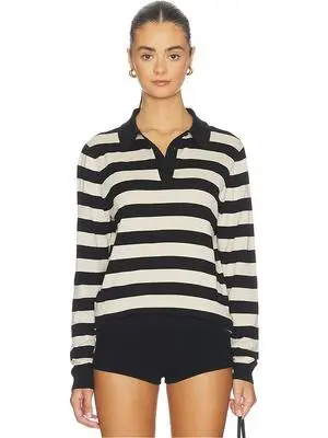 Enza Costa Stripe Silk Knit Polo - Black & Wheat