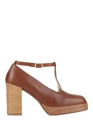 NOA A. Calfskin T-bar Pumps With Block Heel - Brown