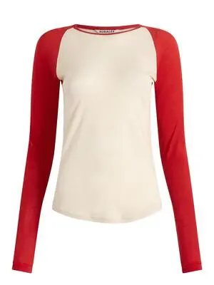 Auralee Sheer Rib Raglan Top - Ivory/red