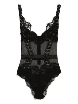 Dolce & Gabbana Lace And Tulle Bodysuit With Lacing And Eyelets - Black