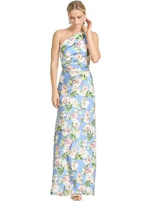 Sachin & Babi Floral Printed Satin Crepe One Shoulder A-line Gown - Twilight Camellia