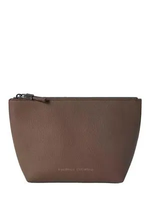 Brunello Cucinelli Grained Calfskin Pouch With Monili Zipper Pull - Brown