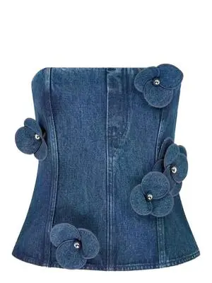 David Koma 3d Flower Denim Corset Top - Blue