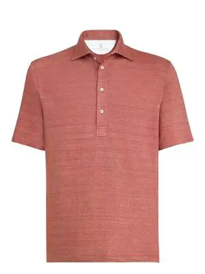Brunello Cucinelli Linen And Cotton Mélange Jersey Polo With Shirt-style Collar - Orange