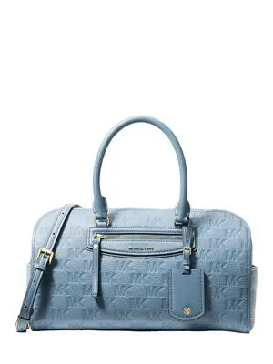 Michael Kors Jet Set Travel Medium Logo Embossed Leather Duffel Crossbody Bag - Blue