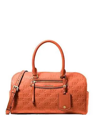 Michael Kors Jet Set Travel Medium Logo Embossed Leather Duffle Crossbody Bag - Orange