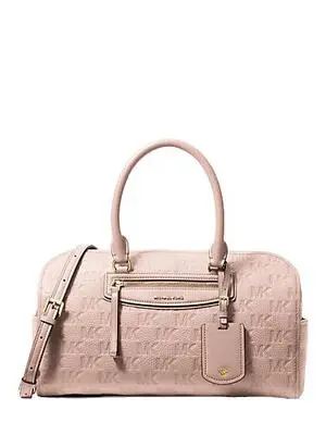 Michael Kors Jet Set Travel Medium Logo Embossed Leather Duffle Crossbody Bag - Pink