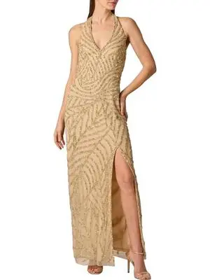 Aidan Mattox Sunburst Bead Detail Halter Neck Gown - Gold