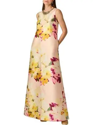 Aidan Mattox Beaded Print Mikado Gown - Gold Multi