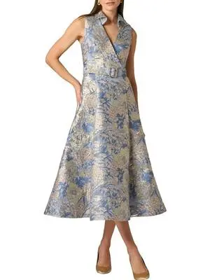 Aidan Mattox Floral Jacquard Midi Dress - Blue Multi