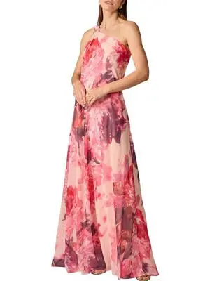 Aidan Mattox Printed One-shoulder Chiffon Gown - Pink Multi