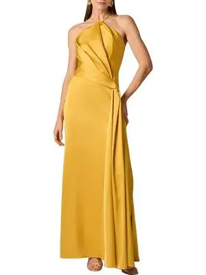 Aidan Mattox Pleated Crepe Back Satin Gown - Golden Rod