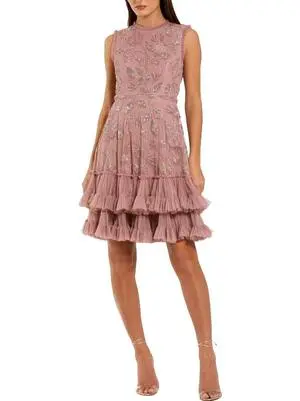Mac Duggal High Neck Beaded Mini Dress - Antique Rose