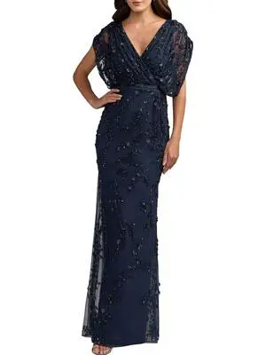 Mac Duggal Beaded V-neck Short Sleeve Blouson Gown - Navy