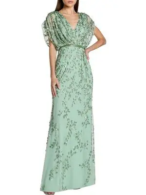 Mac Duggal Beaded V-neck Blouson Gown - Seafoam
