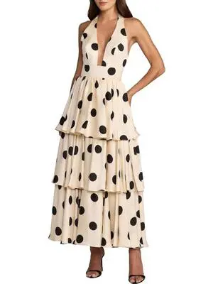Mac Duggal Halter Neck Polka Dot Maxi Dress - Black Ivory