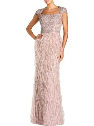 Mac Duggal Embellished Feather Gown - Mocha
